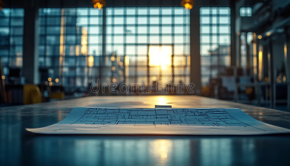 Architect Blueprint Floorplan on Table in Modern Office Workspace with ...