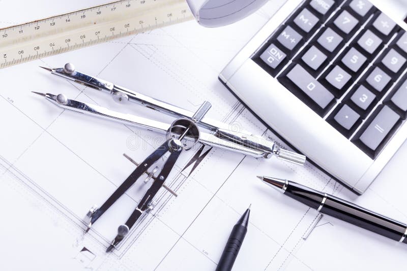 Architect Blueprints Equipment Objects Workplace Stock Image - Image of ...