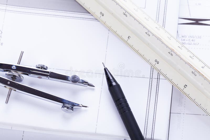 Architect Blueprints Equipment Objects Workplace Stock Photo - Image of ...
