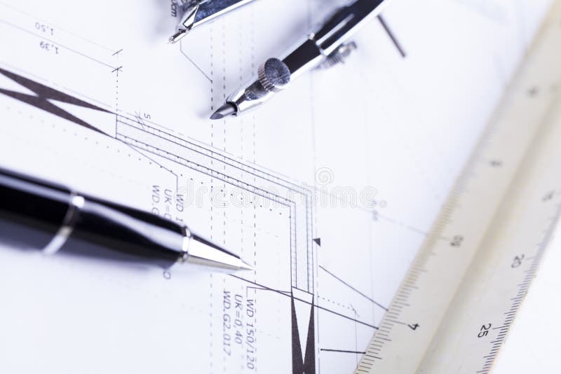 Architect Blueprints Equipment Objects Workplace Stock Photo - Image of ...