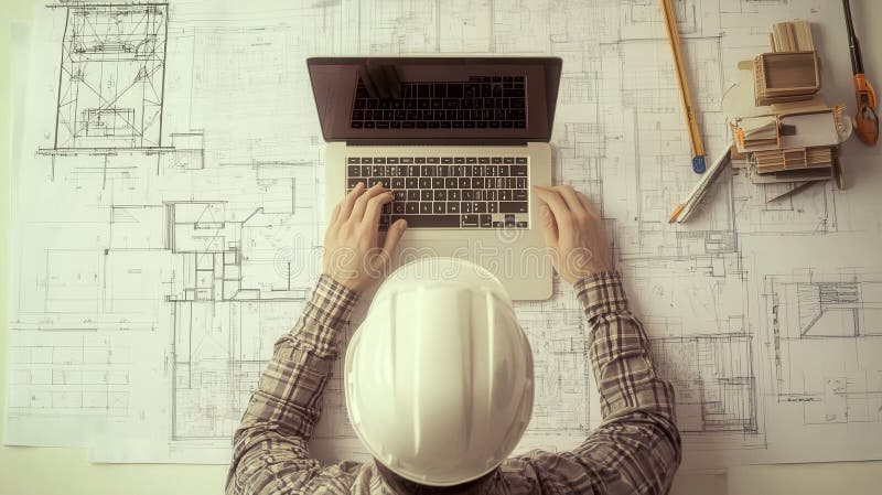 Architect with Blueprints and Laptop Sketching Construction Project ...