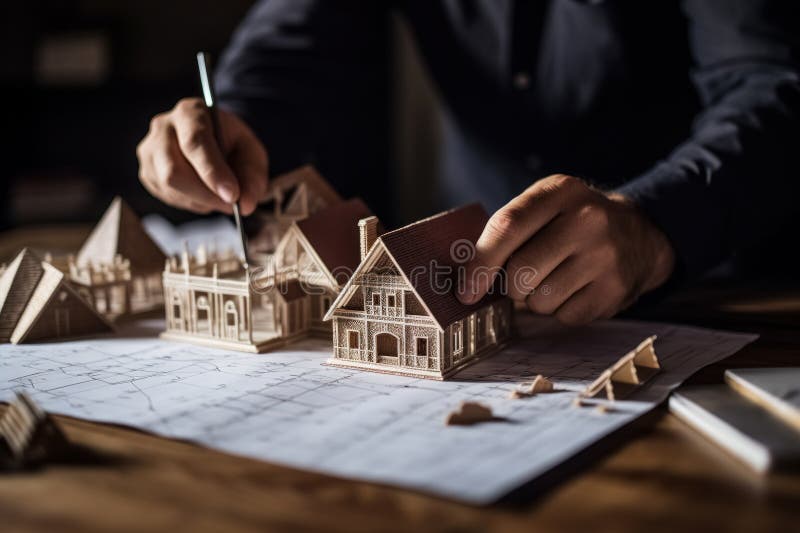 Architect Builds Model of Future House, Small Close Up Mock-up on the ...