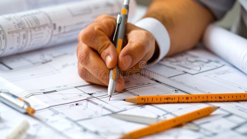 An Architect Carefully Examines Architectural Plans, Using a Pencil To ...