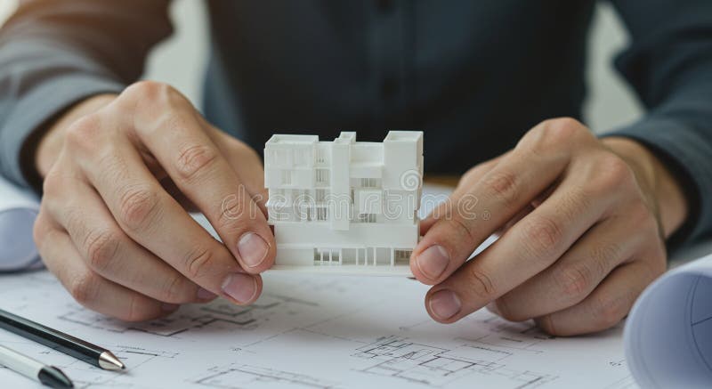 An Architect Carefully Holds a Miniature Building Model Over Blueprints ...