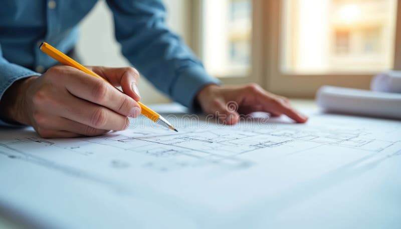 Architect Carefully Reviews Blueprints for Construction Project. Closeup of Hands Using Pencil ...