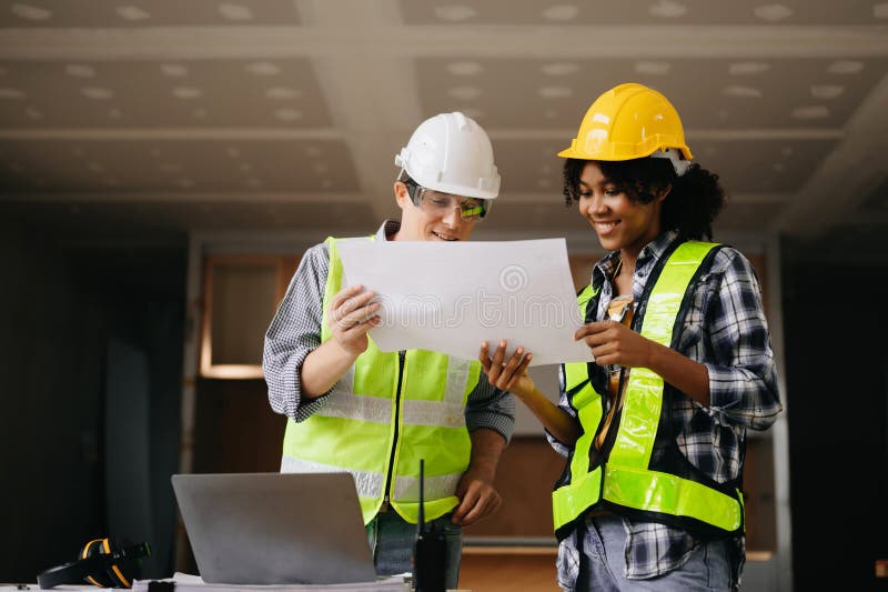 Architect Caucasian Man and Woman Working with Colleagues Mixed Race in the Construction Site ...