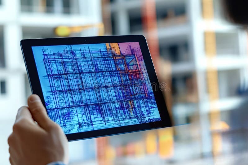 Architect Checking Building Wireframe on Digital Tablet at Construction ...