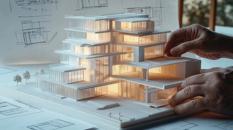 Architect Completing Modern Sustainable Building Scale Model with ...