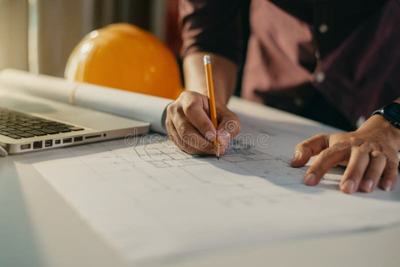 Architect Construction Engineer Plan on Hard Project at Work Stock ...