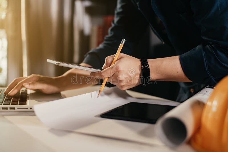 Architect Construction Engineer Plan on Hard Project at Work Stock ...