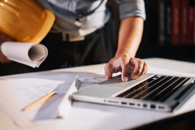 Architect Construction Engineer Plan on Hard Project at Work Stock ...