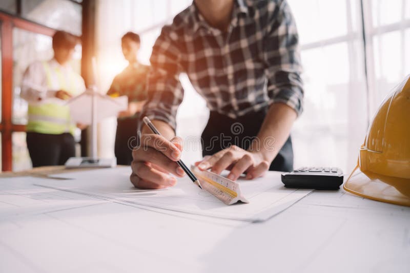 Architect Construction Engineer Plan on Hard Project at Work Stock ...