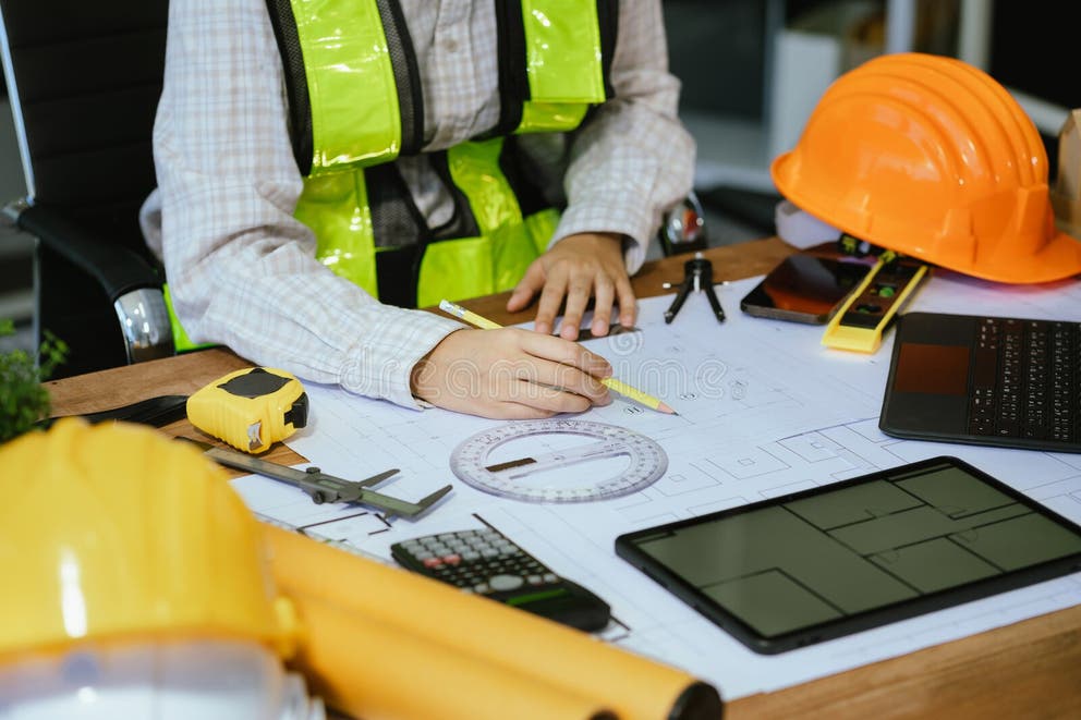 Architect Construction Engineer Plan on Hard Project at Work Stock ...