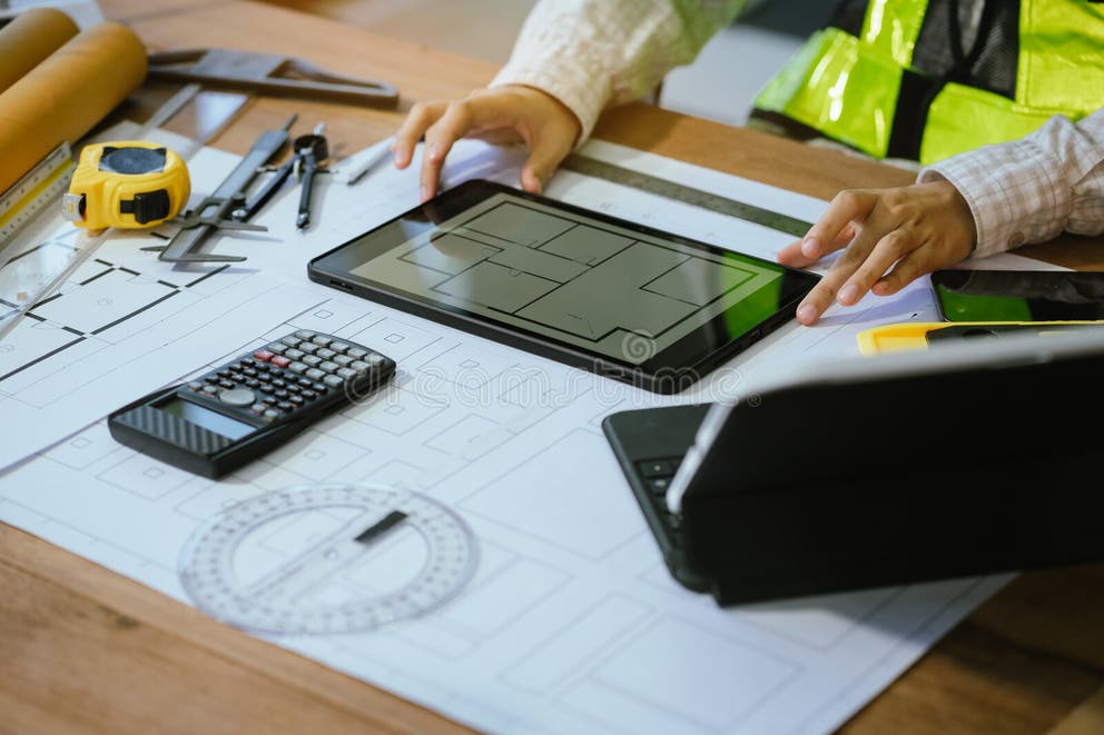 Architect Construction Engineer Plan on Hard Project at Work Stock ...