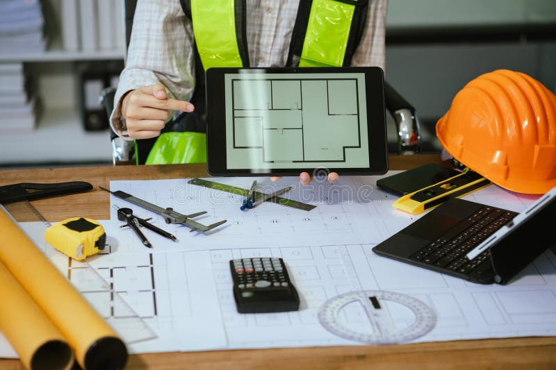 Architect Construction Engineer Plan on Hard Project at Work Stock ...