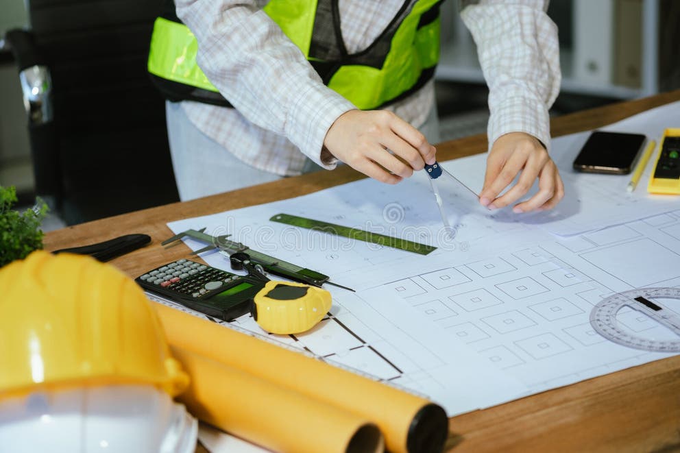 Architect Construction Engineer Plan on Hard Project at Work Stock ...