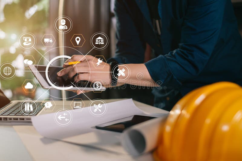 Architect Construction Engineer Plan on Hard Project at Work Stock ...