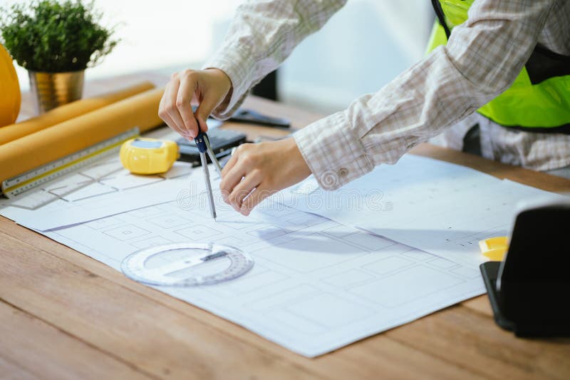 Architect Construction Engineer Plan on Hard Project at Work Stock ...