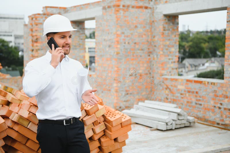 Architect at a Construction Site with Blueprints Stock Image - Image of ...