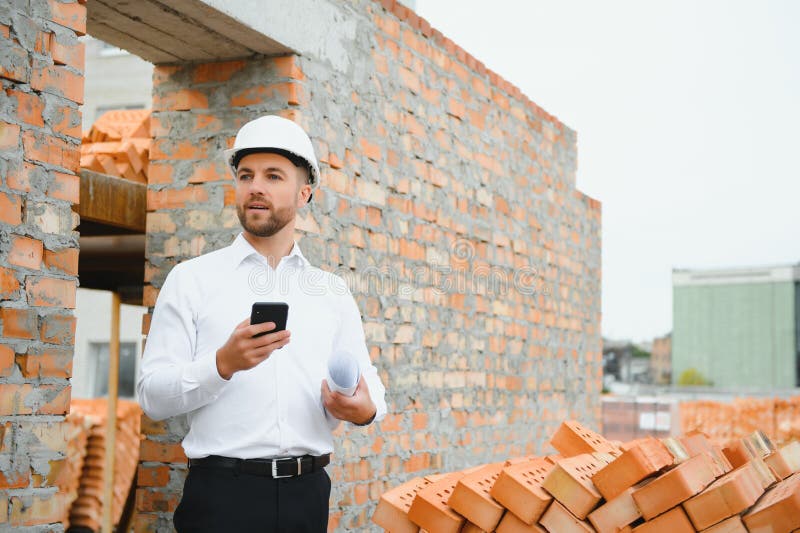 Architect at a Construction Site with Blueprints Stock Image - Image of ...