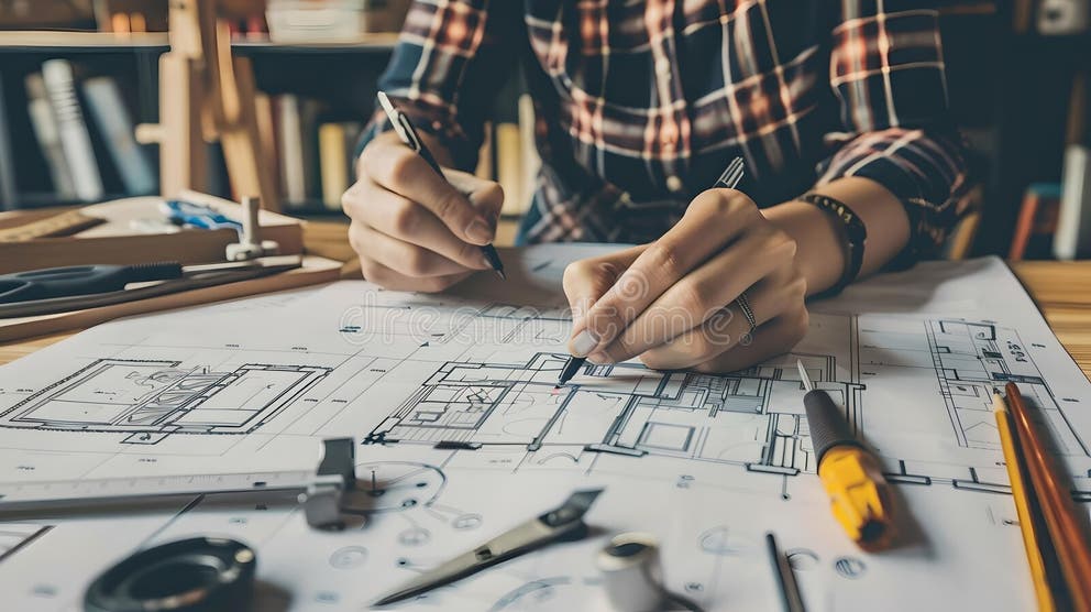 Architect Crafting a Blueprint in a Workshop. Concentration and ...