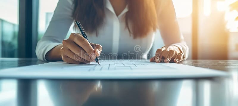 Architect Creates Architectural Drawings with a Pen on Blueprints in a ...