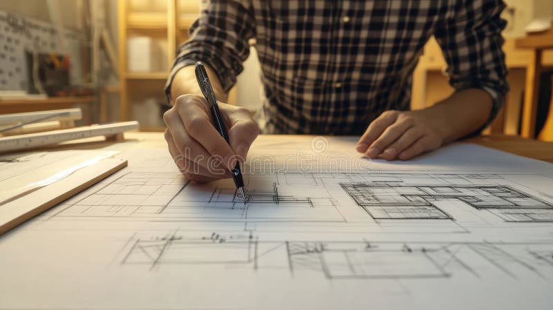 Architect Creating Modern Building Sketches on Drafting Table Stock Illustration - Illustration ...