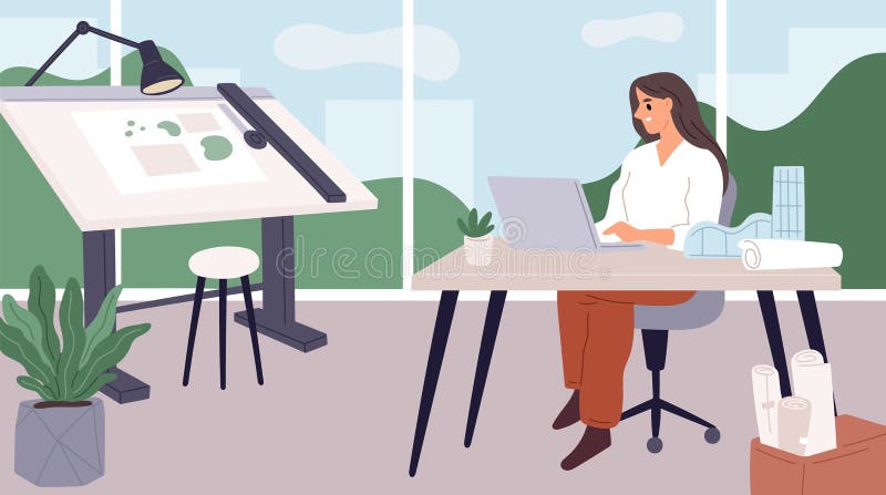 Architect Creator Works. Female Design Engineer Makes Project ...