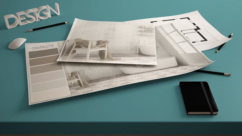 Architect Designer Concept, Table Close Up with Interior Renovation ...