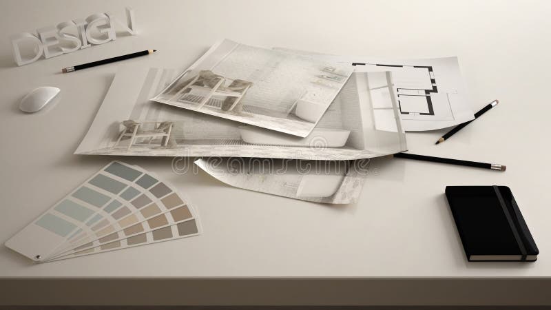 Architect Designer Concept, Table Close Up with Interior Renovation ...