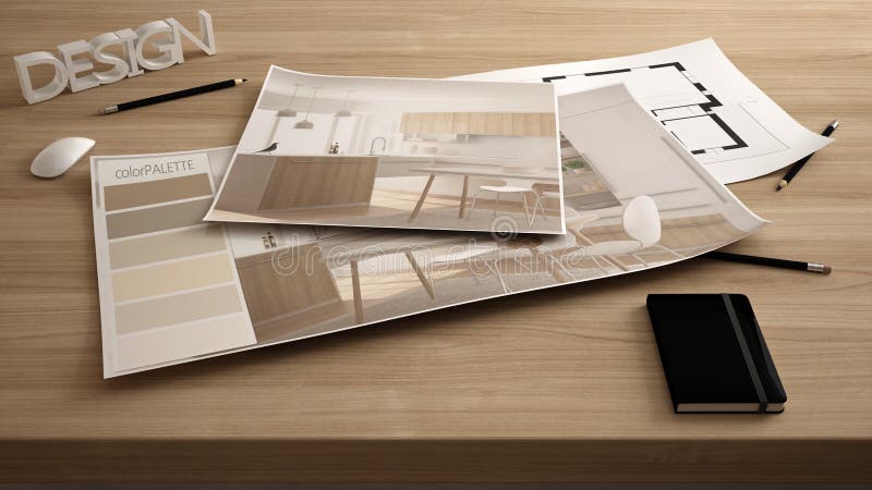 Architect Designer Concept Table Close Up With Interior Renovation Draft Plan And Color