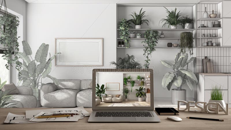 Architect Designer Desktop Concept, Laptop on Wooden Work Desk with ...