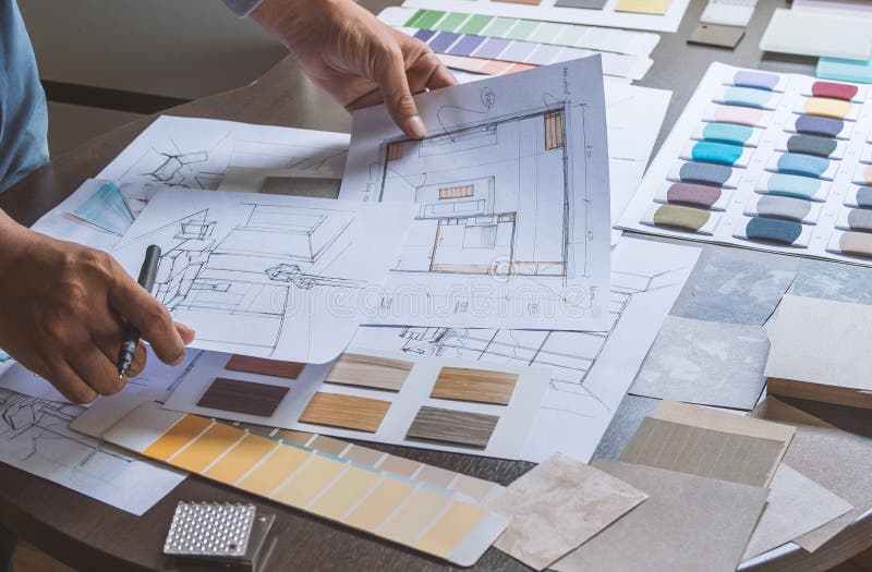 Architect Designer Interior Creative Working Hand Drawing Sketch Plan ...