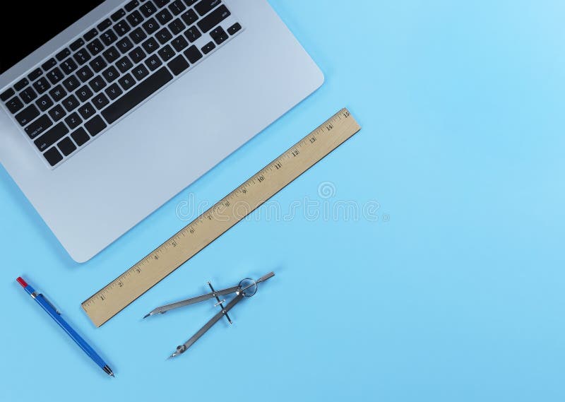 Architect Designer Tools on Blue Desktop Stock Image - Image of draw ...