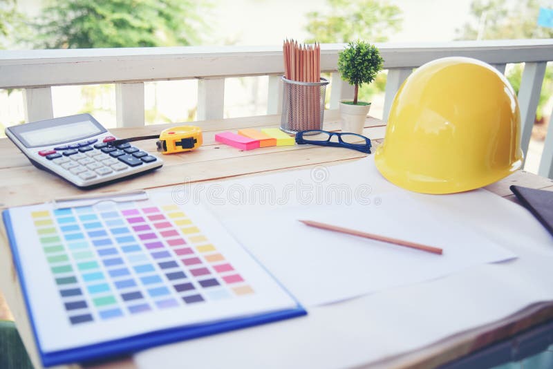 Architect Designer Work Project. Creative Design Desk on Wood Table. Co ...