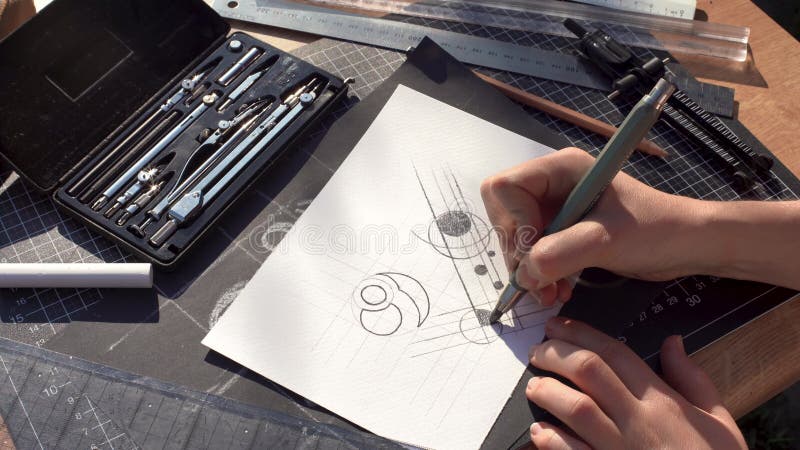 Architect and Designer Working Accurately on a Project Drawing Sketches ...