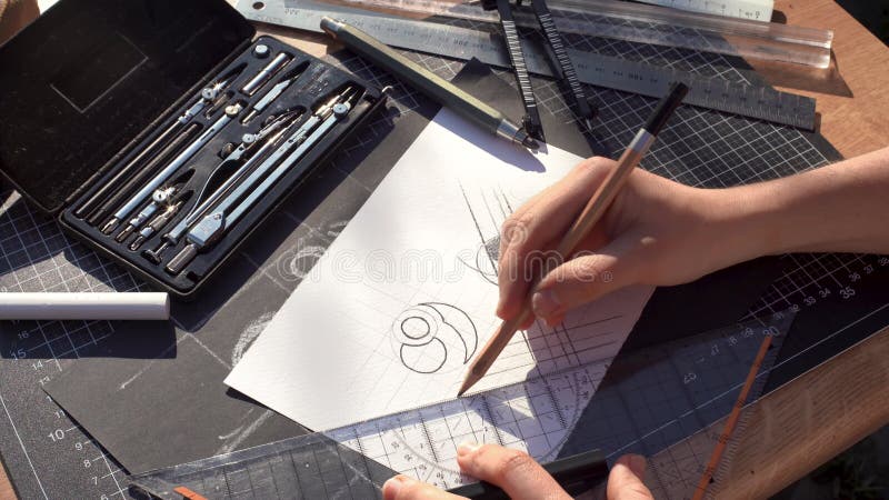 Architect and Designer Working Accurately on a Project Drawing Sketches ...