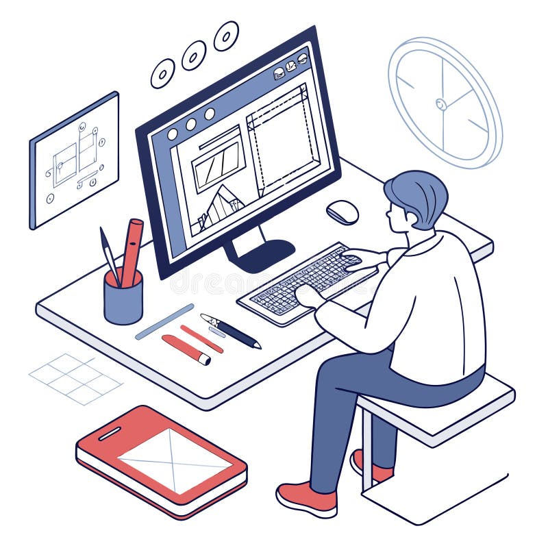 Architect Designer Working on Blueprint and Floor Plan Illustration ...