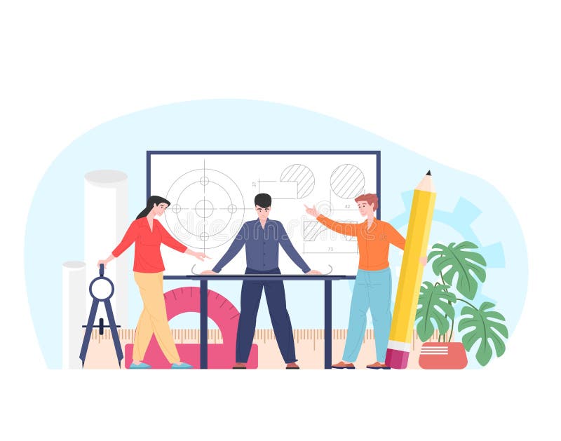 Architect Designers Engineers Development Project, Vector Cartoon ...