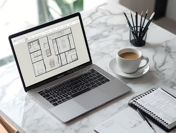 Architect Designing Blueprint on Laptop with Coffee and Notebook on ...