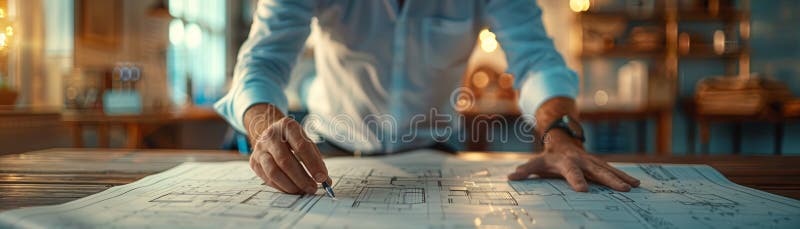 Architect Designing Blueprint in Office. Hands Pointing and Drawing on ...