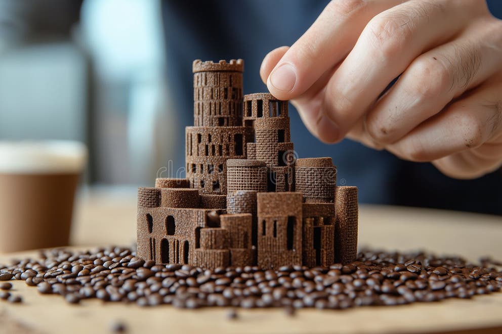 Architect Designing and Building Model House Made of Coffee Beans Stock ...