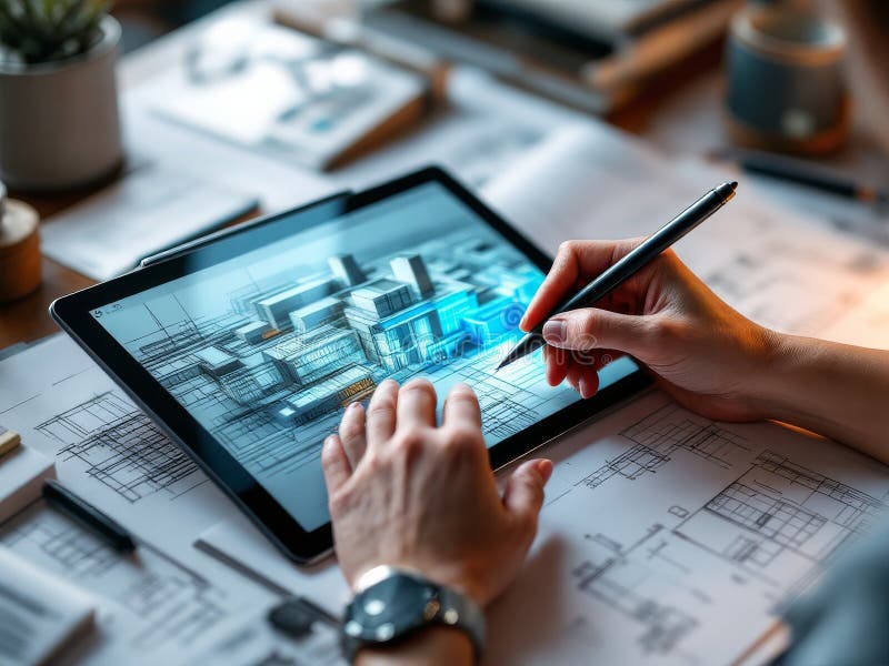 Architect Designing a 3d Model of a Building Using a Tablet and Stylus ...