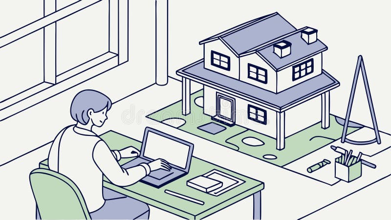 An Architect Designing a 3D Model of a House on a Computer, Vector ...