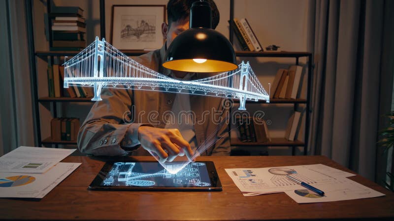 Architect Designing Holographic Bridge Projection on Tablet Stock ...
