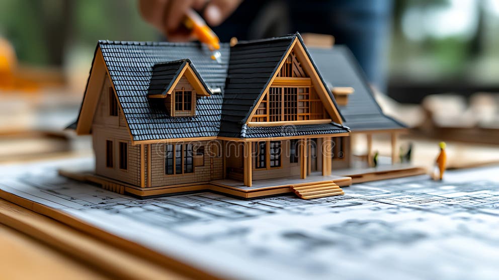 Architect Designing House Model, Blueprints, Outdoor Setting Stock ...