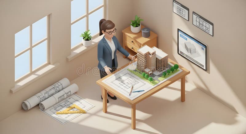 Architect Designing Modern Building, 3D Model and Blueprints Stock ...