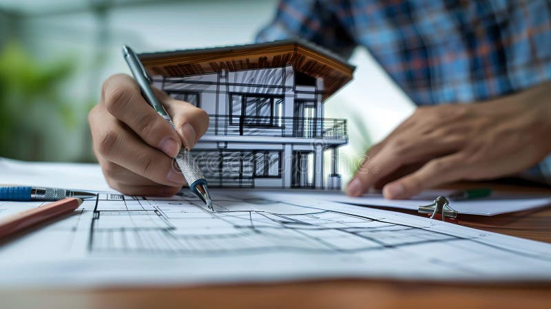 Architect Designing a Modern House Model, Drafting Architectural Plans ...
