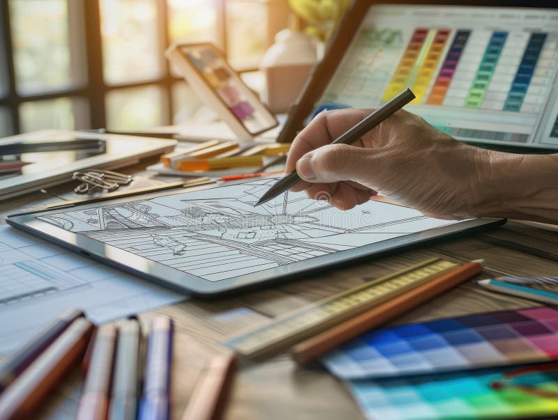 Architect Designing Modern House Plan Digital Tablet Stock Illustration ...