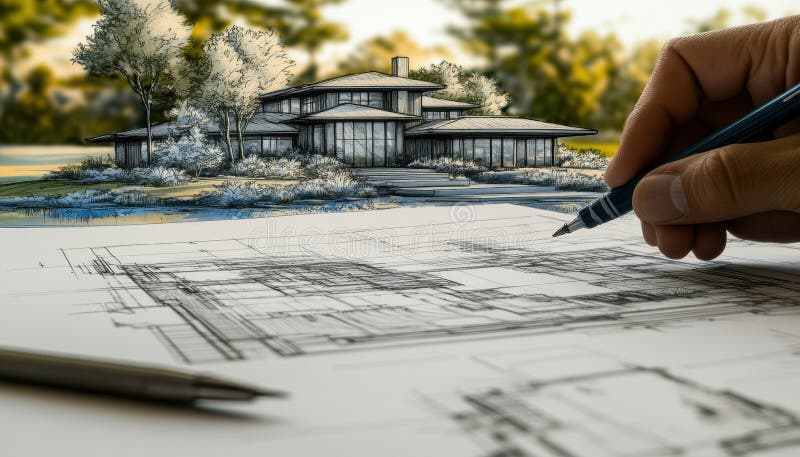 Architect Designing Modern House Plan Sketch Stock Illustration ...